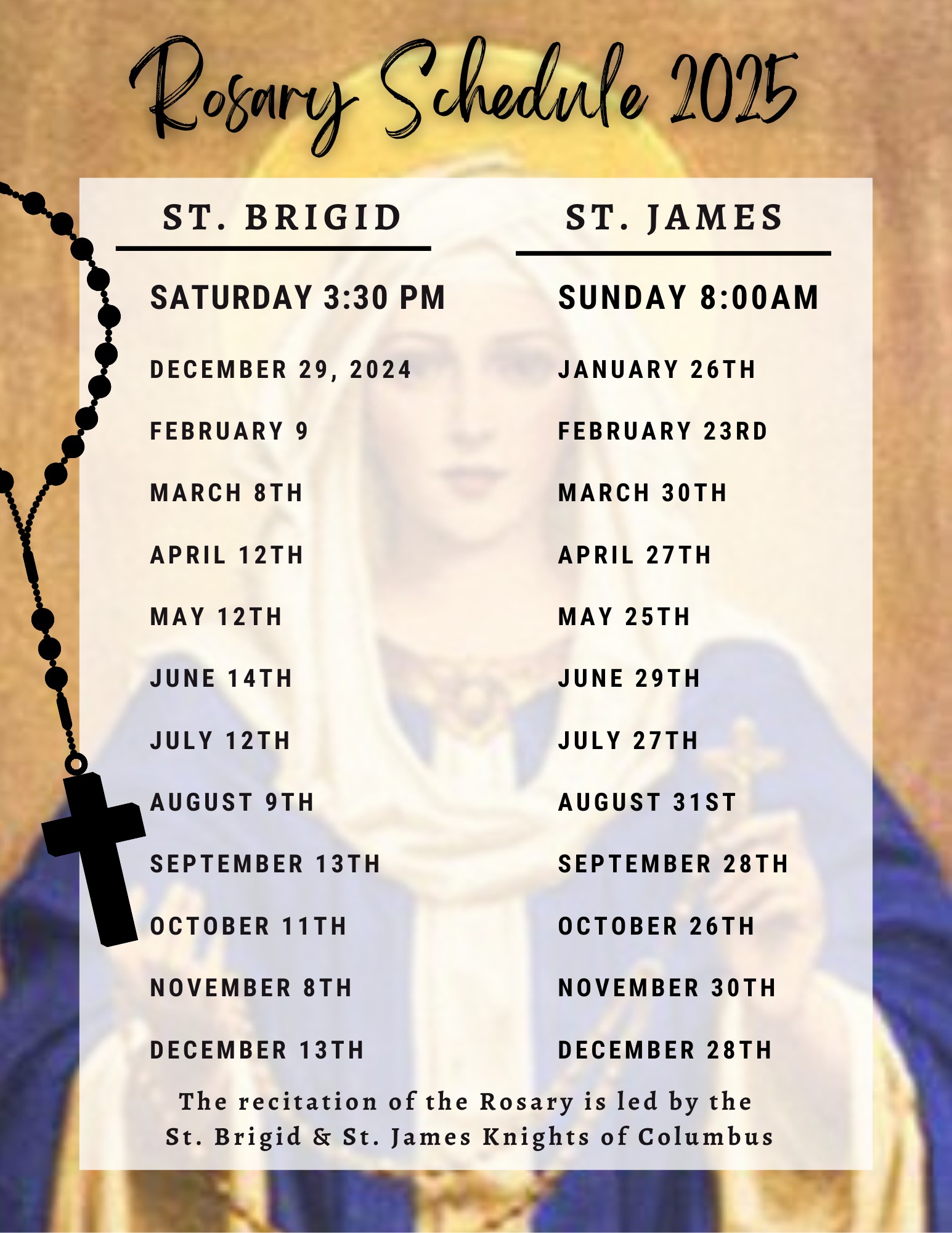 (UPDATED AS OF 4/12/25) 2025 Rosary Schedule at St. Brigid and St. James